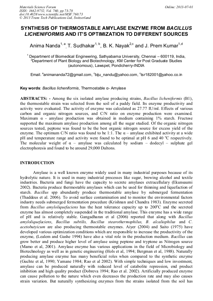 Synthesis of Thermostable Amylase Enzyme from Bacillus licheniformis ...