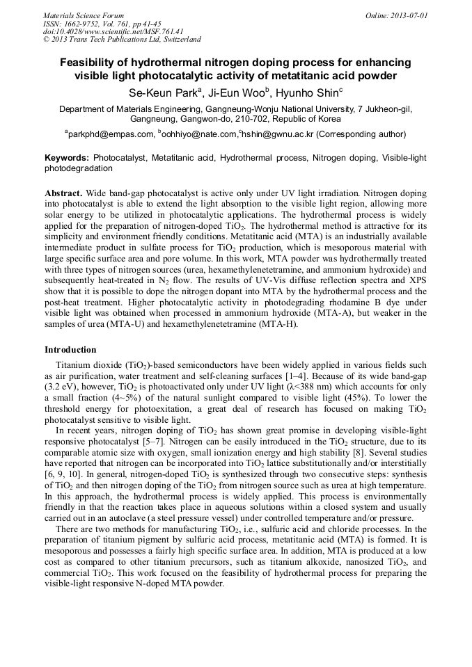 Feasibility of Hydrothermal Nitrogen Doping Process for Enhancing ...