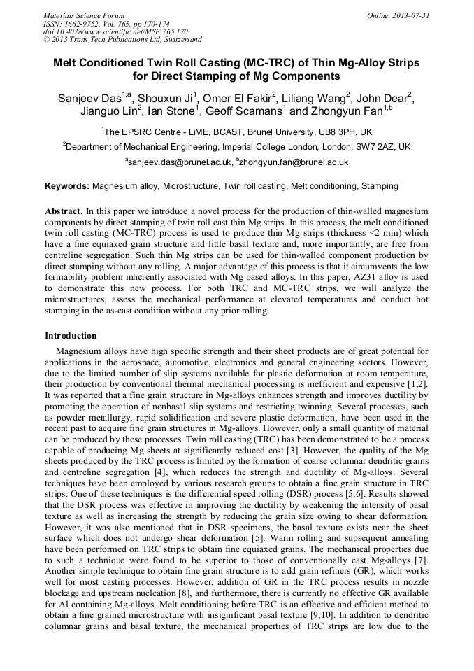 Melt Conditioned Twin Roll Casting (MC-TRC) of Thin Mg-Alloy Strips for ...