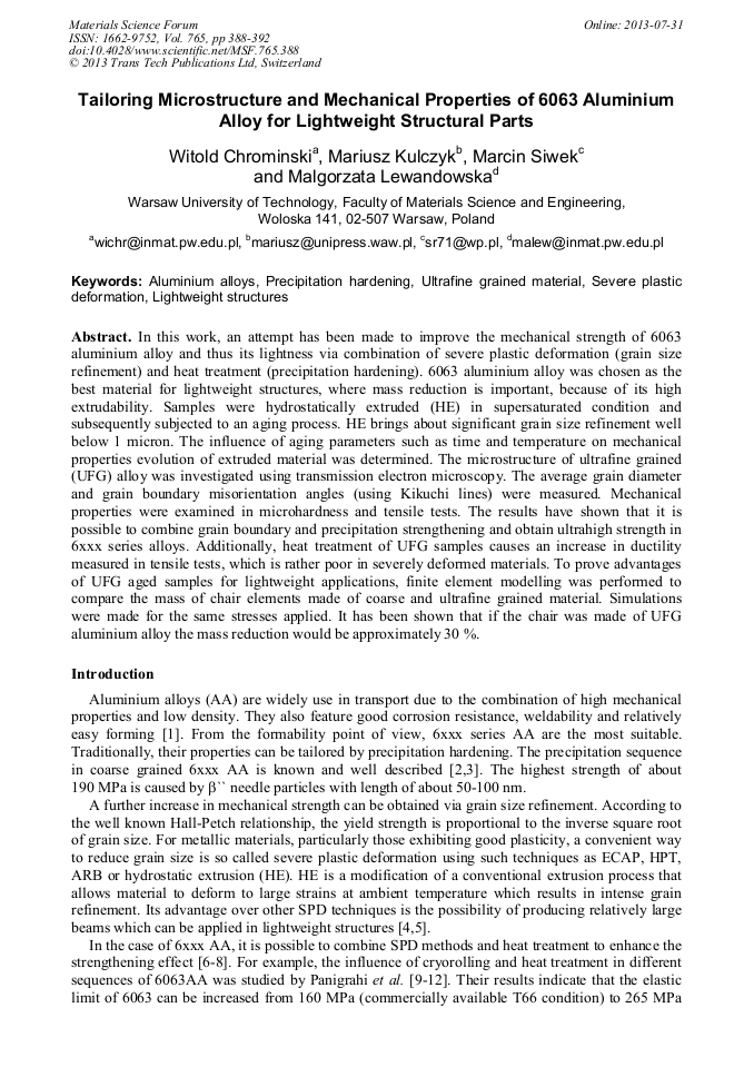 Tailoring Microstructure and Mechanical Properties of 6063 Aluminium ...