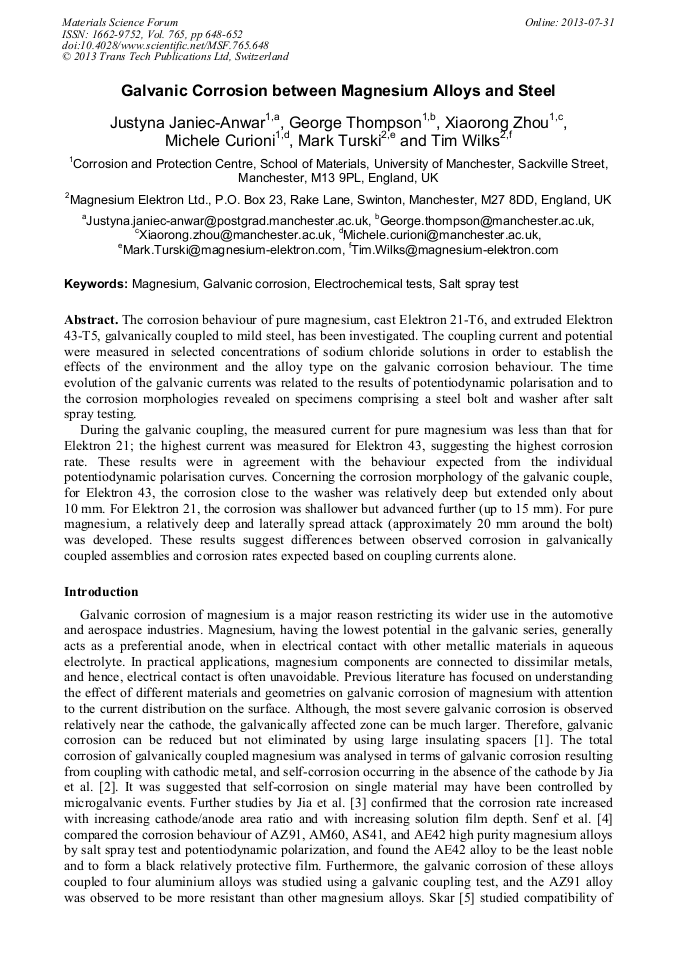 Galvanic Corrosion between Magnesium Alloys and Steel | Scientific.Net