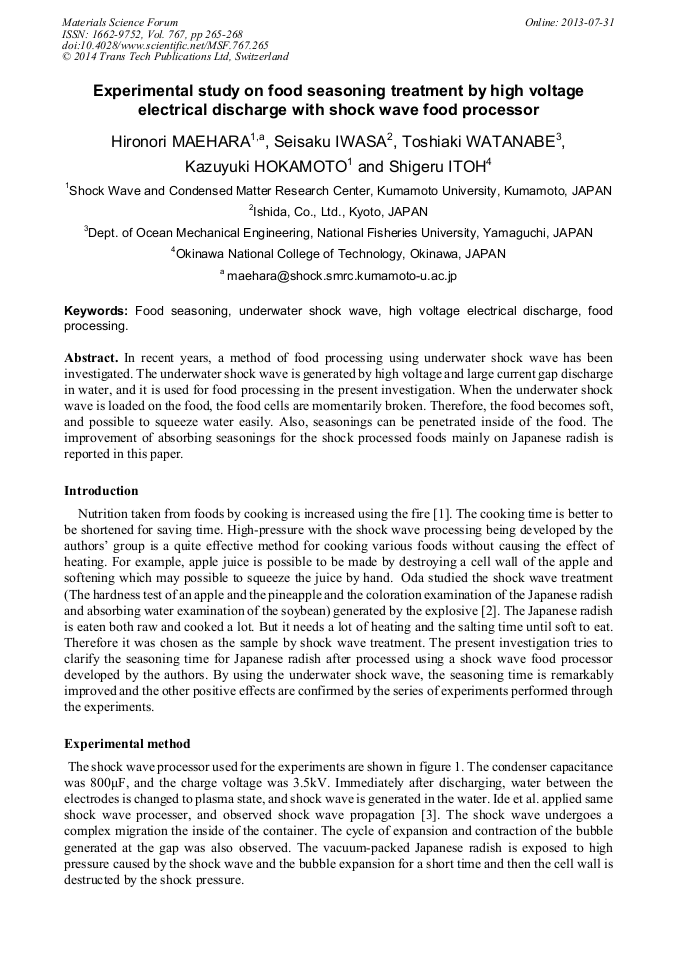 Experimental Study on Food Seasoning Treatment by High Voltage ...