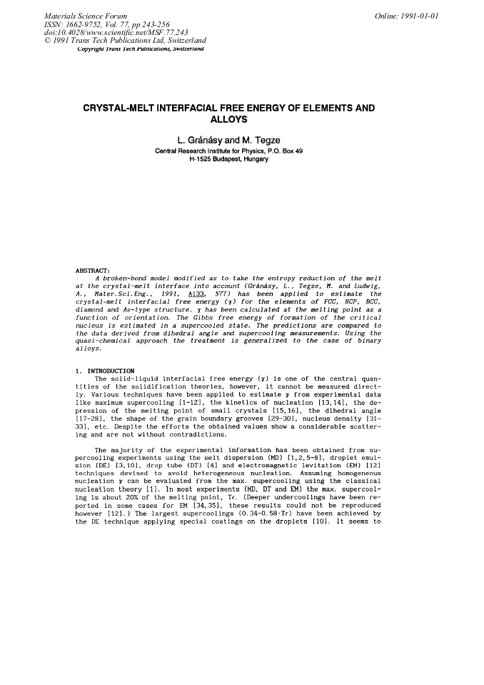 Crystal-Melt Interfacial Free Energy of Elements and Alloys ...