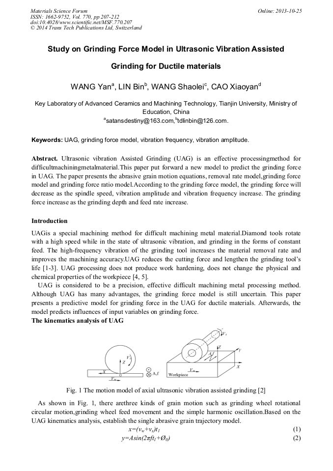 Study on Grinding Force Model in Ultrasonic Vibration Assisted Grinding ...