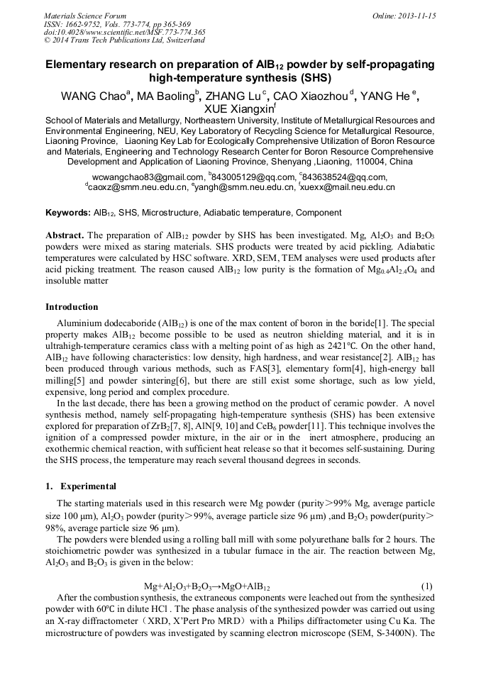 Elementary Research on Preparation of AlB12 Powder by Self-Propagating ...