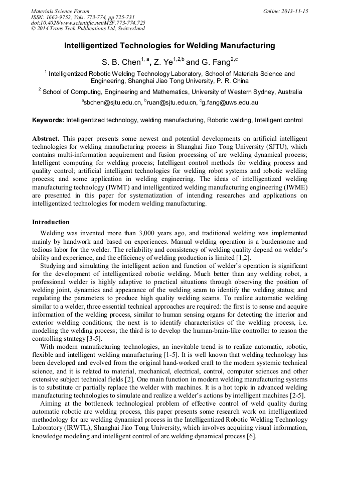 Intelligentized Technologies for Welding Manufacturing | Scientific.Net