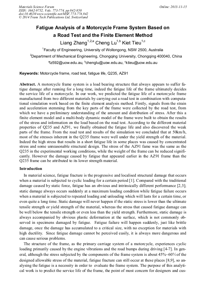 Fatigue Analysis of a Motorcycle Frame System Based on a Road Test and ...
