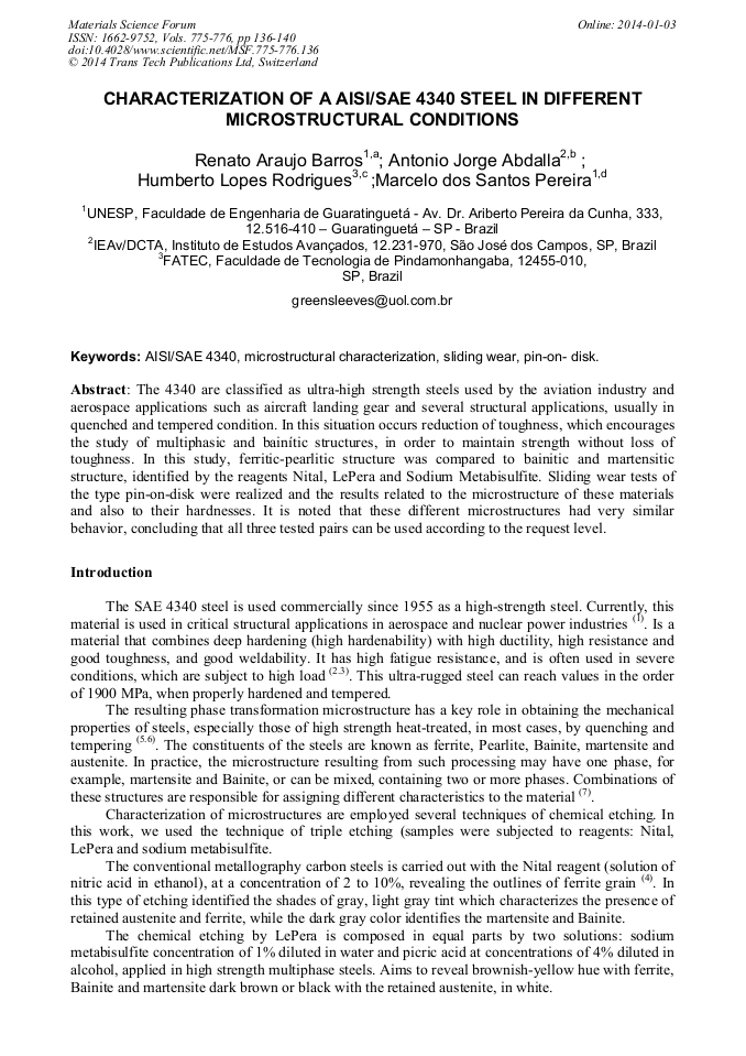 Characterization of a AISI/SAE 4340 Steel in Different Microstructural ...