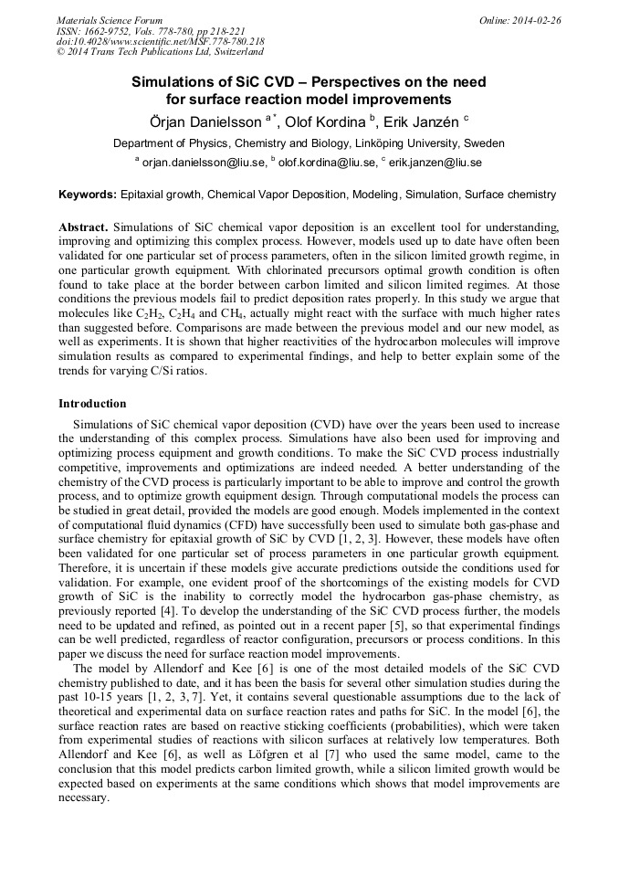 Simulations of SiC CVD - Perspectives on the Need for Surface Reaction ...