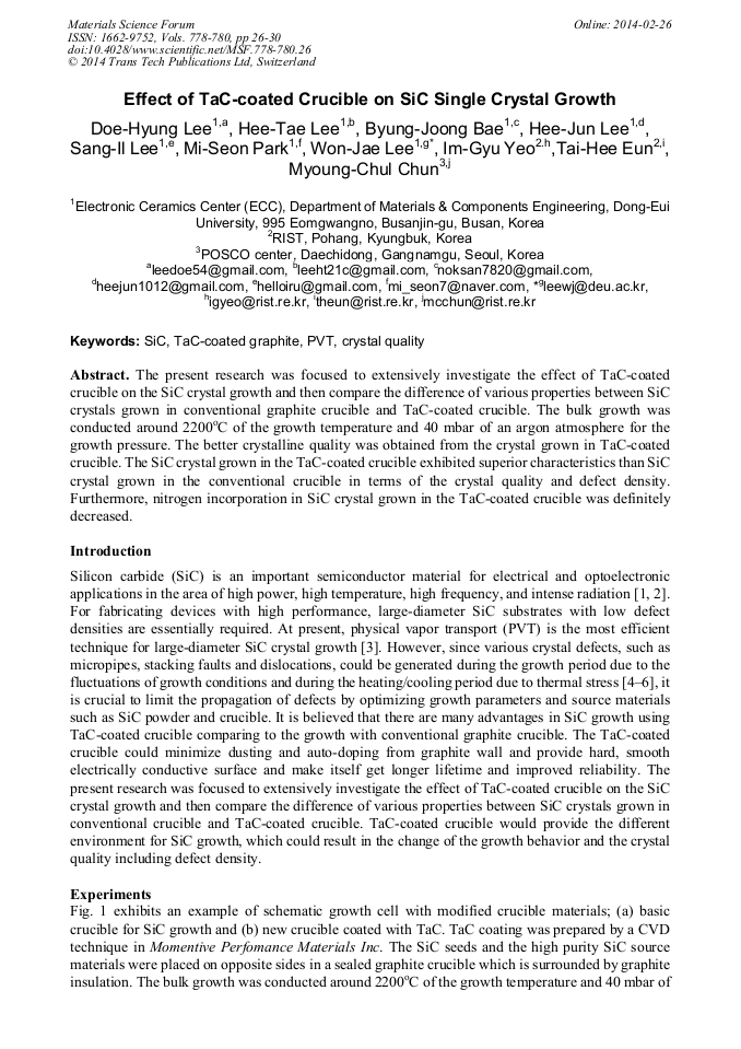 Effect of TaC-Coated Crucible on SiC Single Crystal Growth | Scientific.Net
