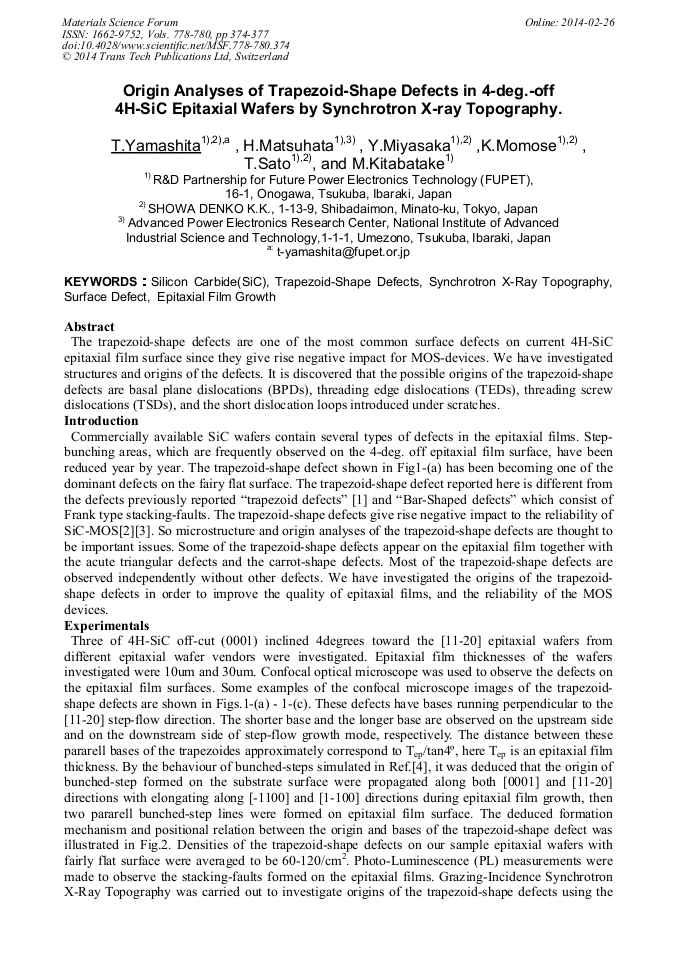 Origin Analyses of Trapezoid-Shape Defects in 4-Deg.-off 4H-SiC ...