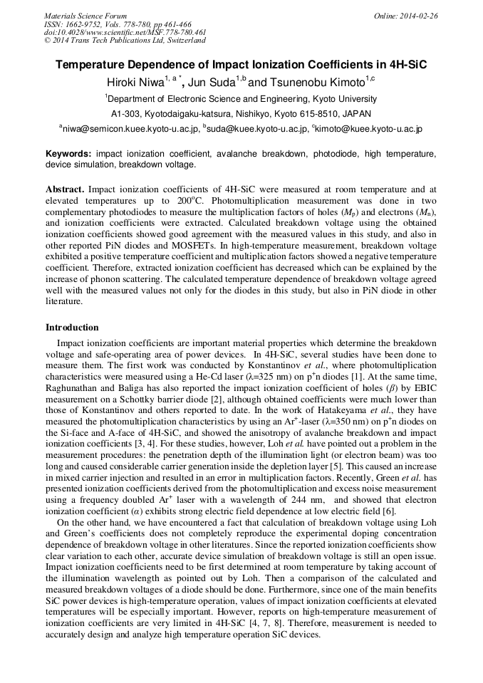 Temperature Dependence of Impact Ionization Coefficients in 4H-SiC ...
