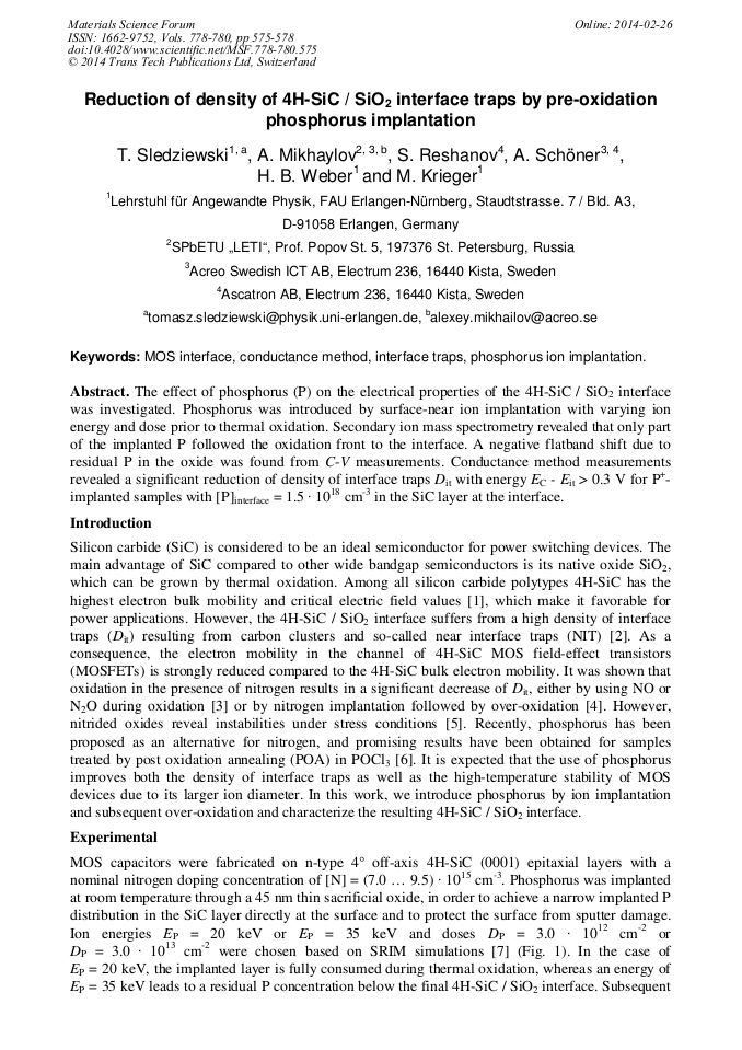 Reduction of Density of 4H-SiC / SiO2 Interface Traps by Pre-Oxidation ...