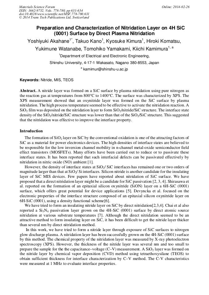 Preparation and Characterization of Nitridation Layer on 4H SiC (0001 ...