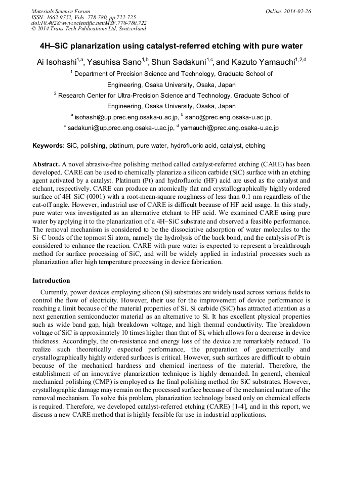 4H-SiC Planarization Using Catalyst-Referred Etching with Pure Water ...