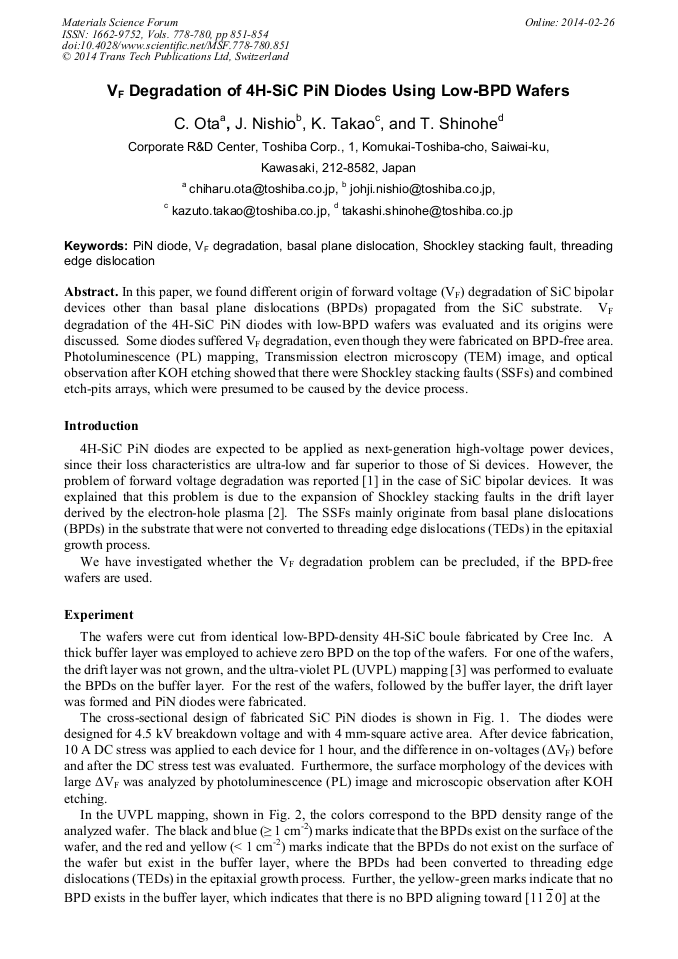 VF Degradation of 4H-SiC PiN Diodes Using Low-BPD Wafers | Scientific.Net
