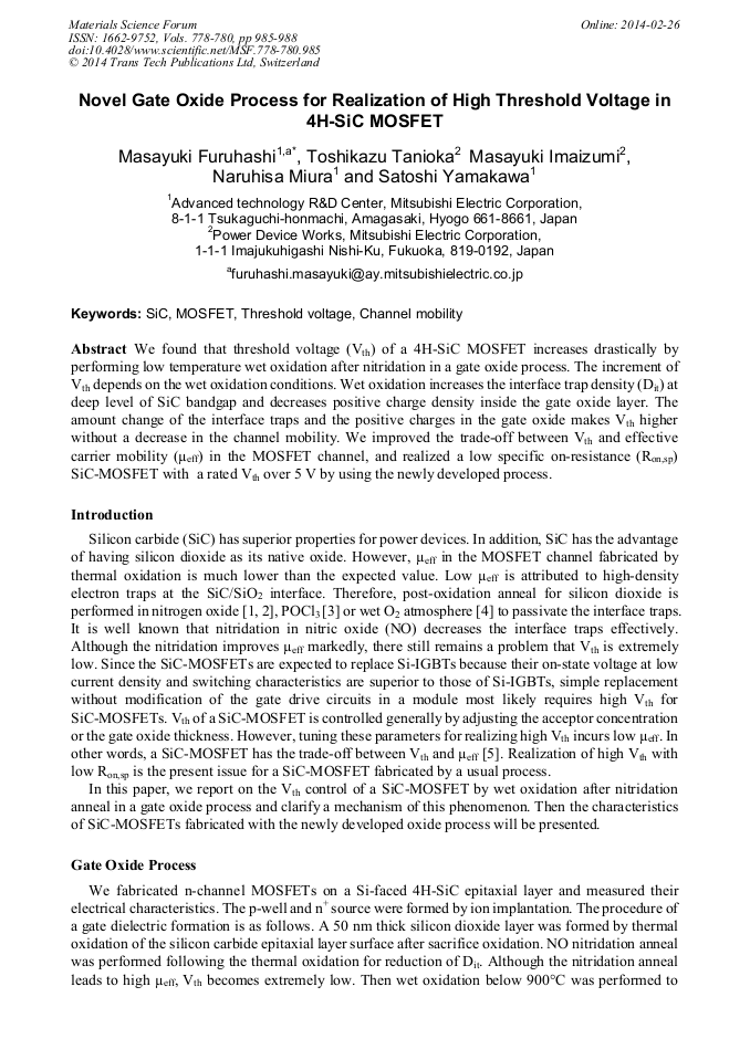 Novel Gate Oxide Process for Realization of High Threshold Voltage in ...
