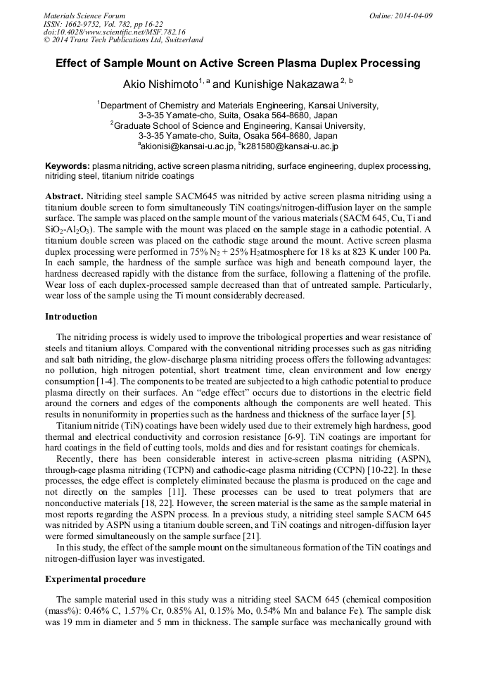 Effect of Sample Mount on Active Screen Plasma Duplex Processing | Scientific.Net