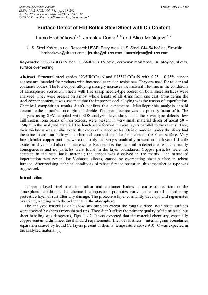 Surface Defect on Hot Rolled Steel Sheet with Cu Content | Scientific.Net
