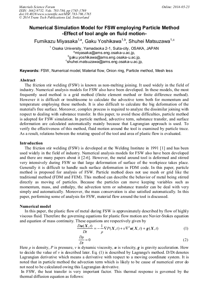 Numerical Simulation Model for FSW Employing Particle Method – Effect ...