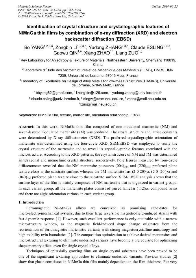 Identification of Crystal Structure and Crystallographic Features of NiMnGa Thin Films by ...
