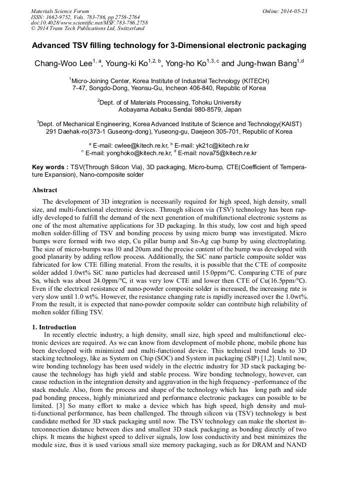 Advanced TSV Filling Technology for 3-Dimensional Electronic Packaging ...