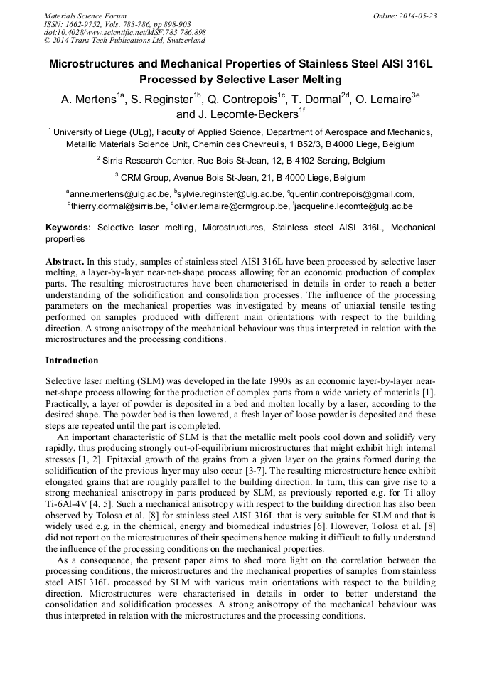 Microstructures and Mechanical Properties of Stainless Steel AISI 316L Processed by Selective ...
