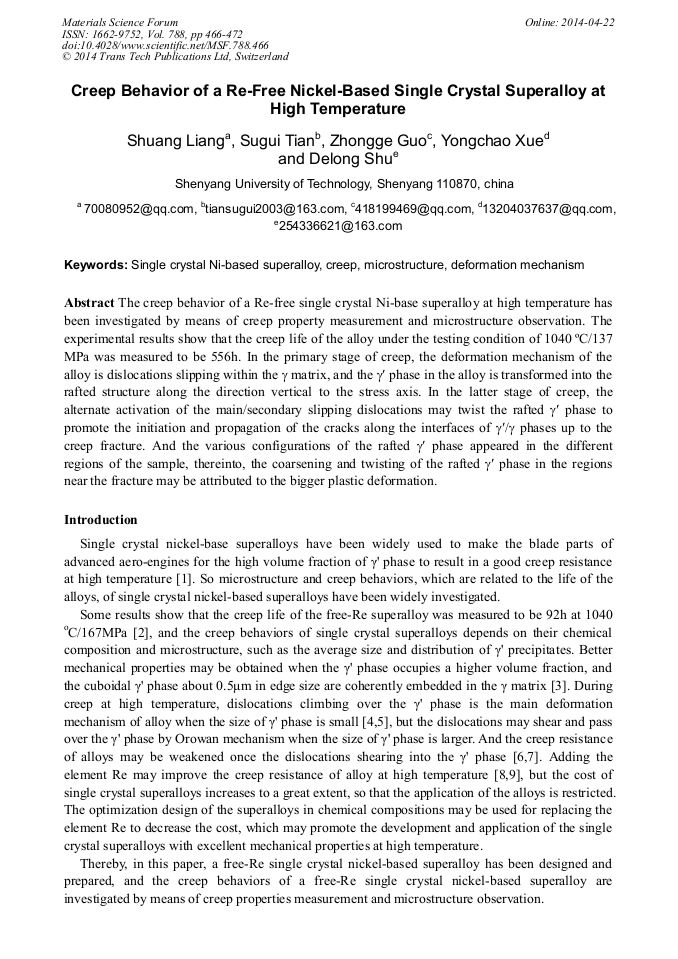 Creep Behavior of a Re-Free Nickel-Based Single Crystal Superalloy at ...