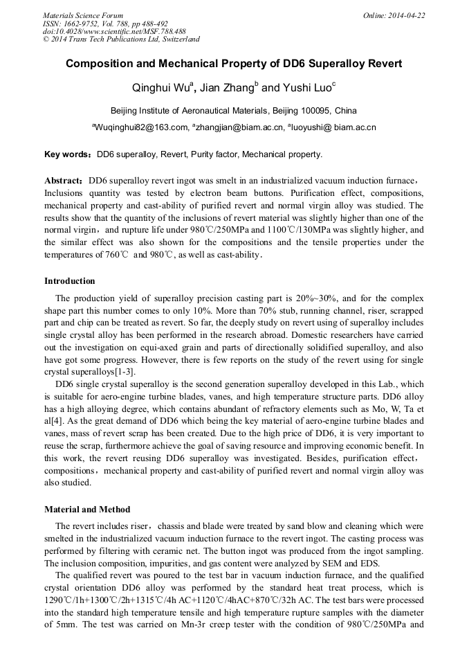 Composition and Mechanical Property of DD6 Superalloy Revert ...