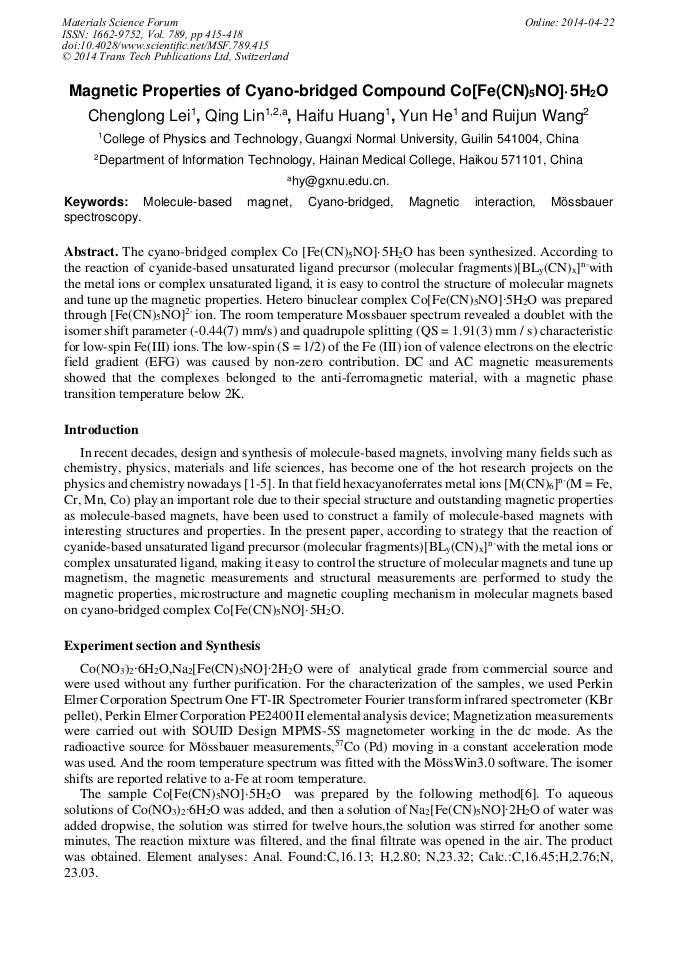 Magnetic Properties of Cyano-Bridged Compound Co [Fe(CN)5NO]·5H2O ...