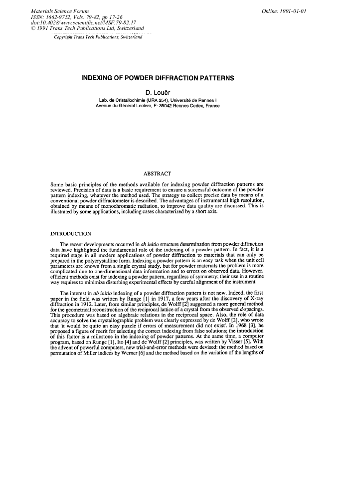 Indexing of Powder Diffraction Patterns | Scientific.Net
