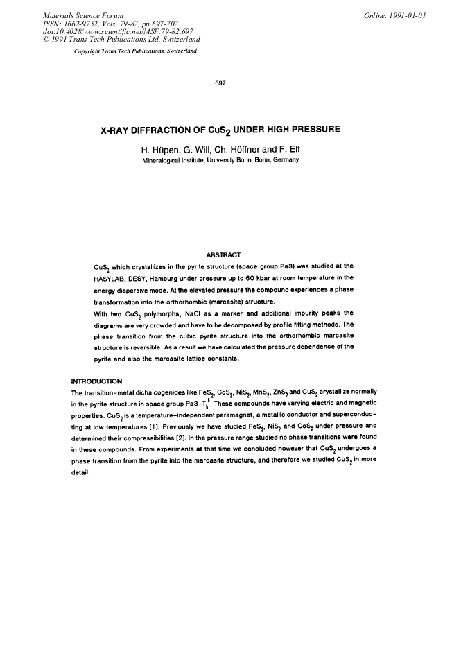 X-Ray Diffraction of CuS2 under High Pressure | Scientific.Net