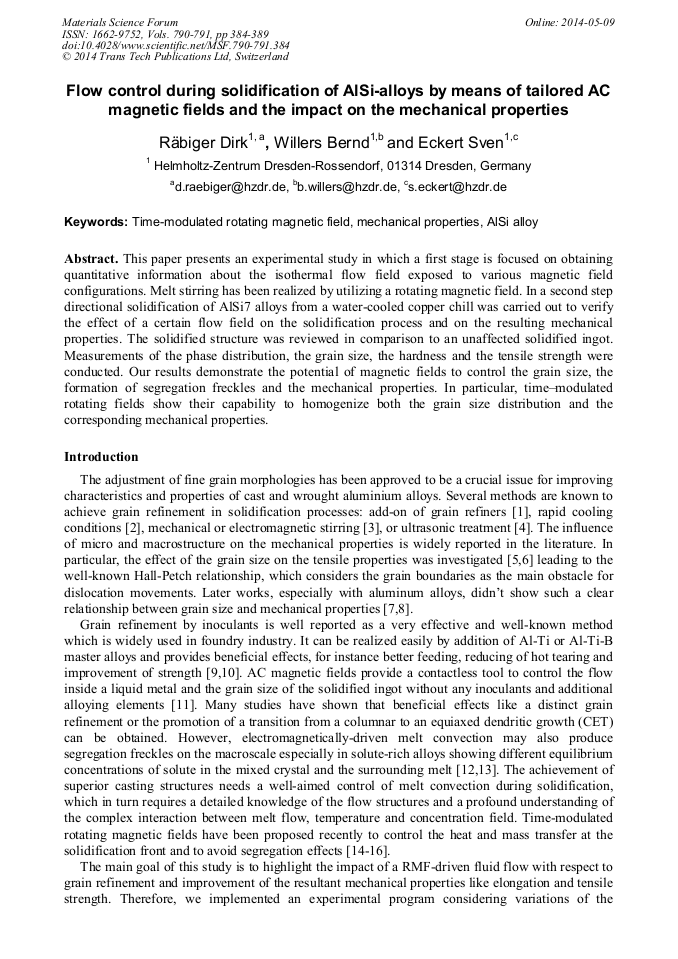 Flow Control during Solidification of AlSi-Alloys by Means of Tailored AC Magnetic Fields and ...