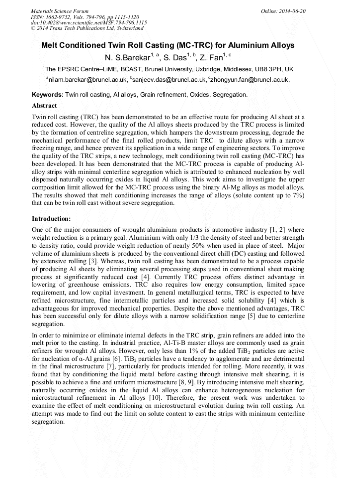 Melt Conditioned Twin Roll Casting (MC-TRC) for Aluminium Alloys ...