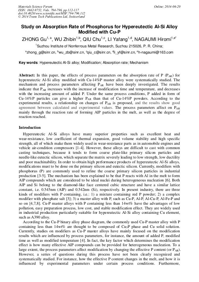 Study on Absorption Rate of Phosphorus for Hypereutectic Al-Si Alloy ...