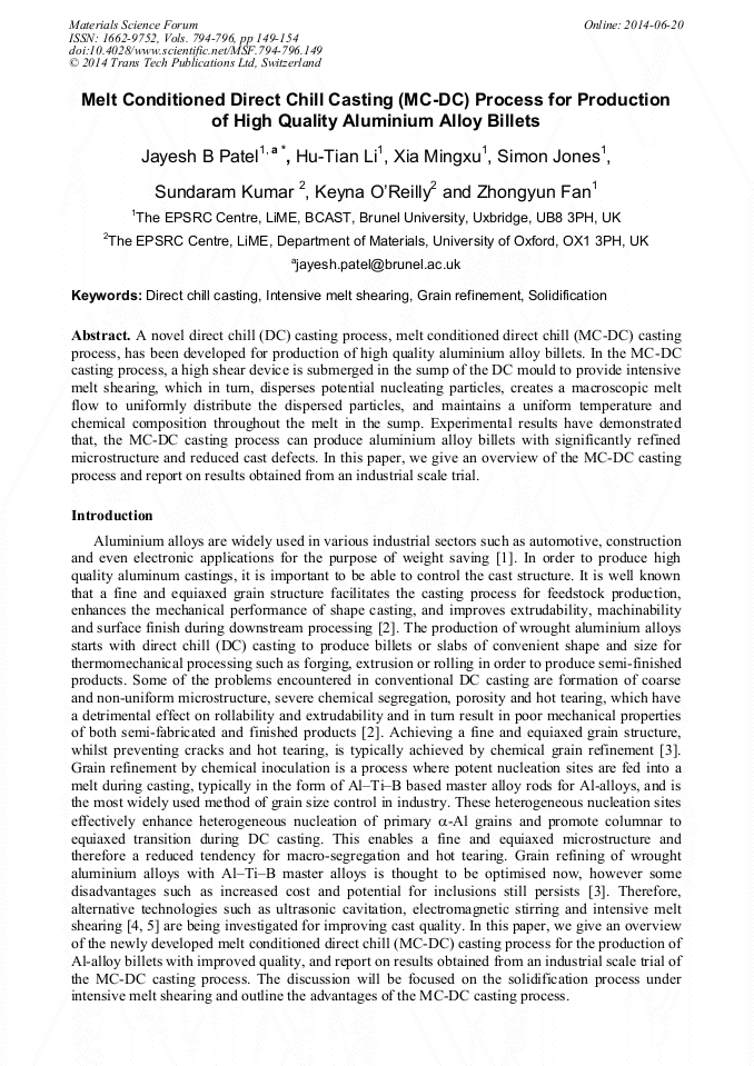 Melt Conditioned Direct Chill Casting (MC-DC) Process for Production of ...