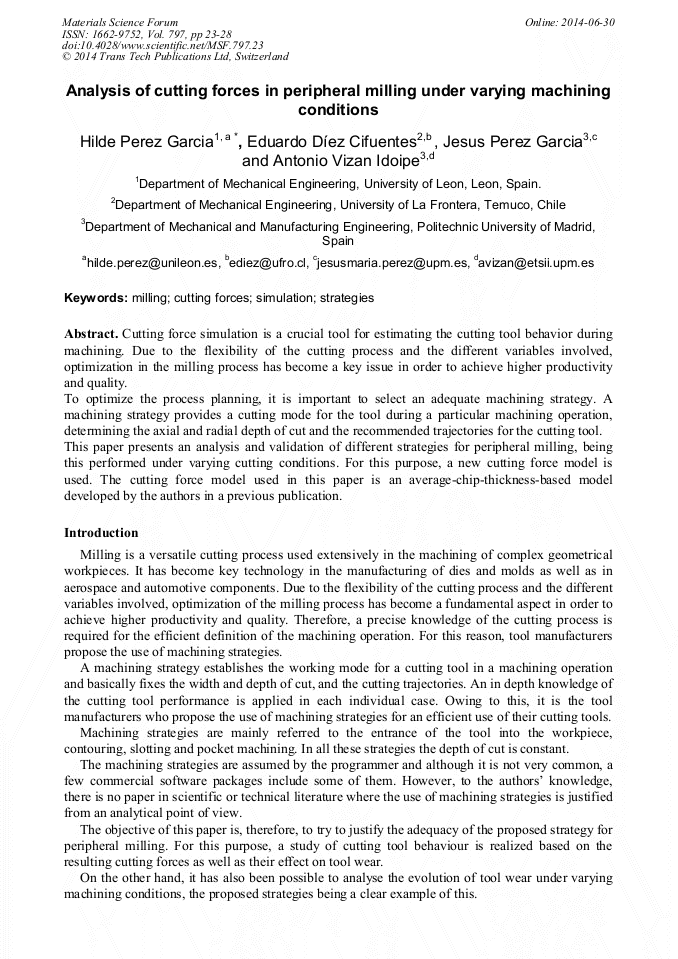 Analysis of Cutting Forces in Peripheral Milling under Varying ...