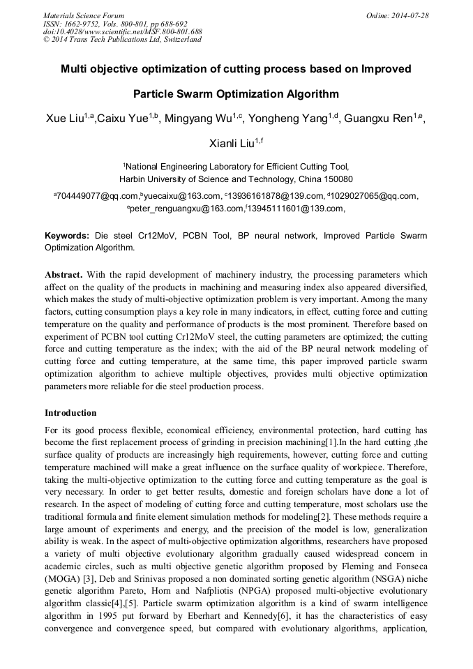 Multi Objective Optimization Of Cutting Process Based On Improved Particle Swarm Optimization