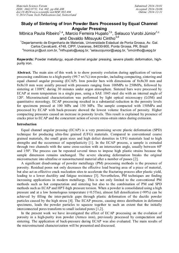 Study of Sintering of Iron Powder Bars Processed by Equal Channel ...