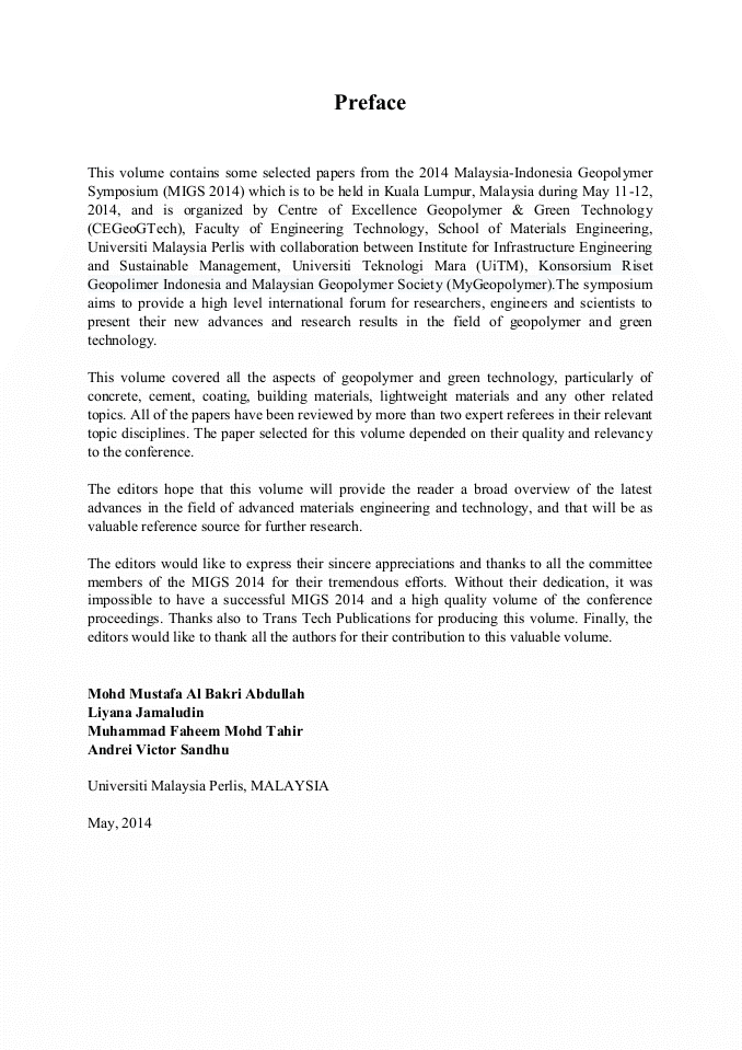 Preface and Organization | Geopolymer and Green Technology Materials ...