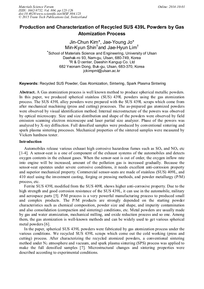 Production and Characterization of Recycled SUS 439L Powders by Gas ...