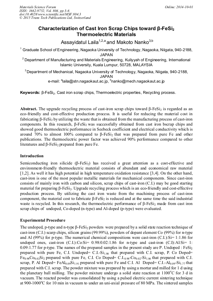 Characterization of Cast Iron Scrap Chips toward β-FeSi2 Thermoelectric ...