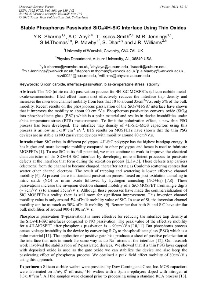 Stable Phosphorus Passivated SiO2/4H-SiC Interface Using Thin Oxides ...