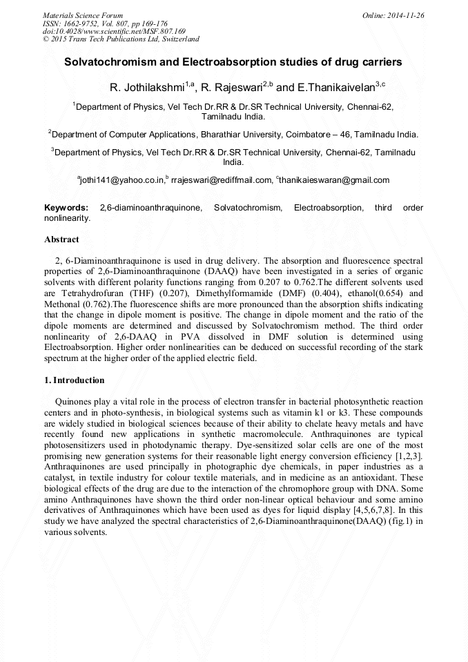 Solvatochromism and Electroabsorption Studies of Drug Carriers ...