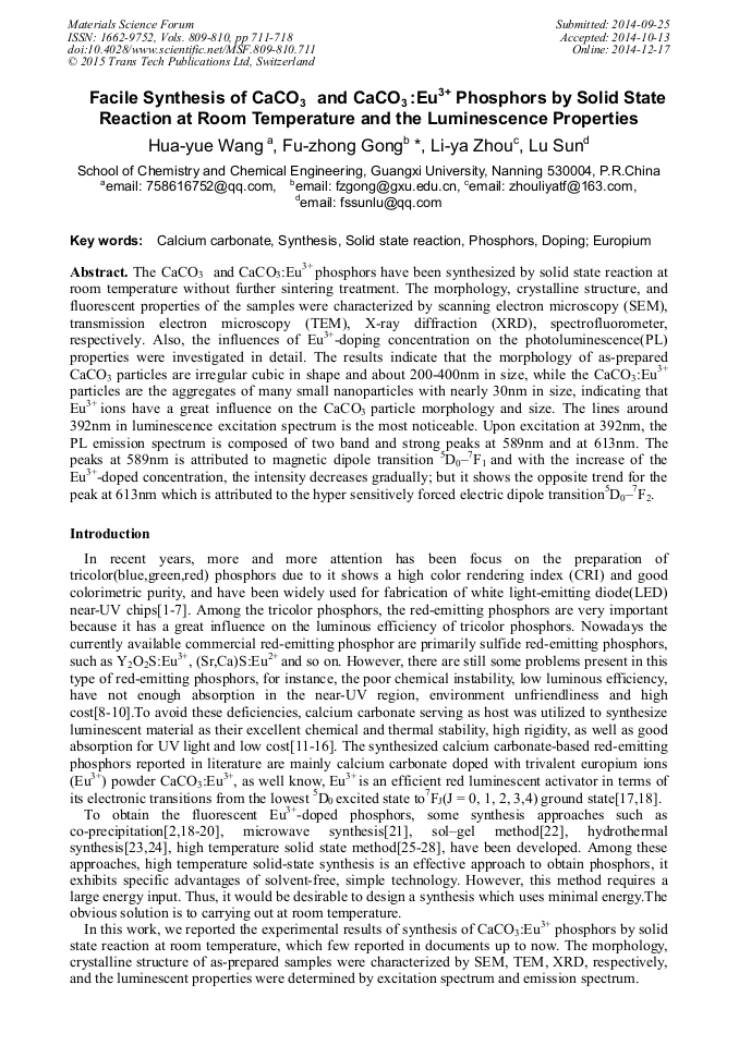 Facile Synthesis of CaCo3 and CaCo3:Eu3+ Phosphors by Solid State ...
