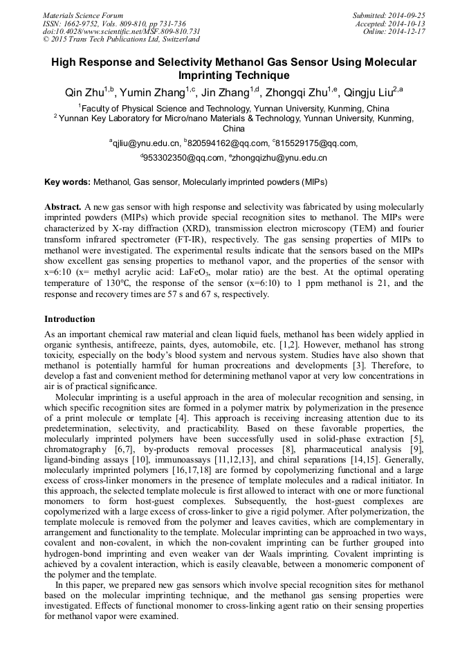 High Response and Selectivity Methanol Gas Sensor Using Molecular ...