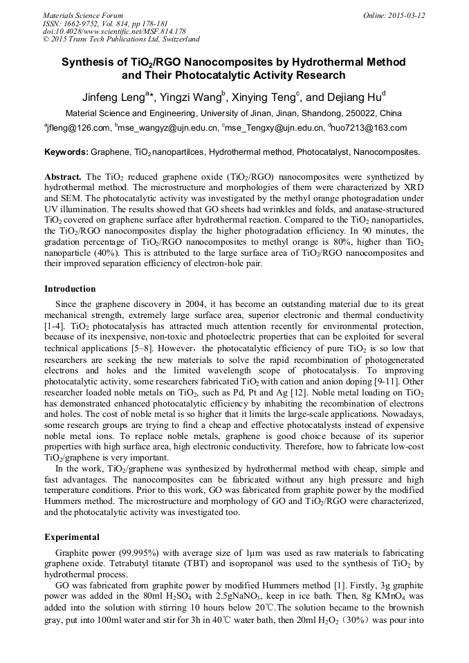 Synthesis of TiO2/RGO Nanocomposites by Hydrothermal Method and their ...