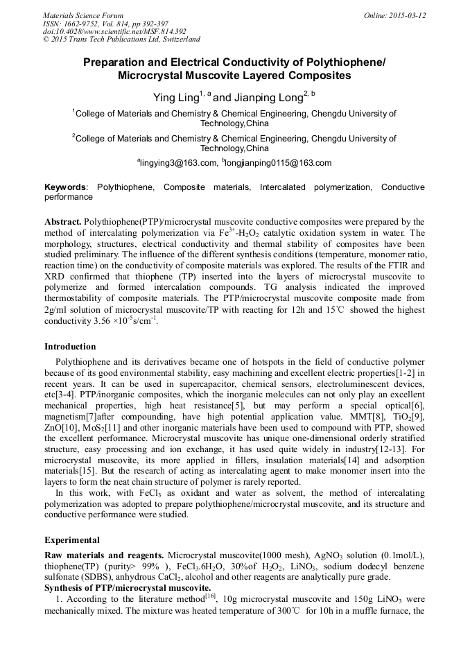 Preparation and Electrical Conductivity of Polythiophene/Microcrystal ...