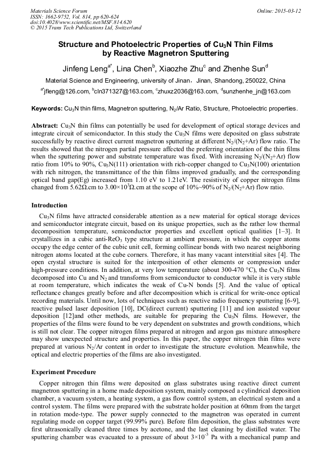 Structure and Photoelectric Properties of Cu3N Thin Films by Reactive ...
