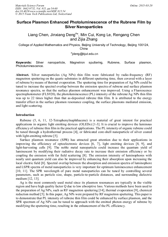 Surface Plasmon Enhanced Photoluminescence of the Rubrene Film by ...